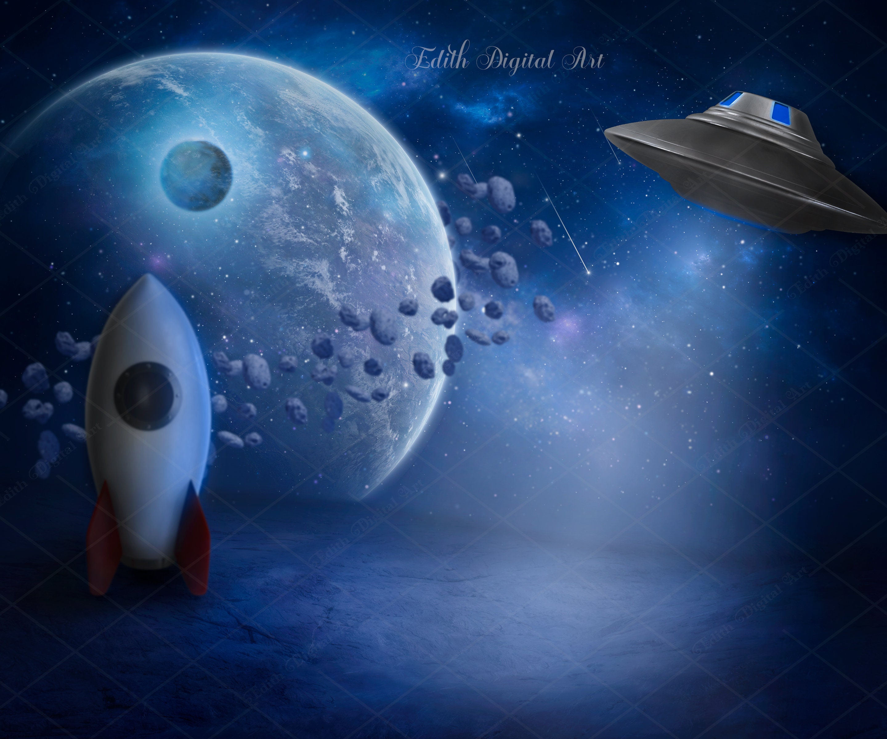 Space Digital Backdrop. Spaceship on Hill Astronaut in Space - Etsy