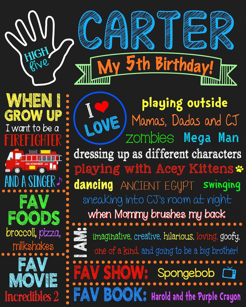 Boys 5th Birthday Chalkboard Sign - Printable 5th Birthday Chalkboard ...