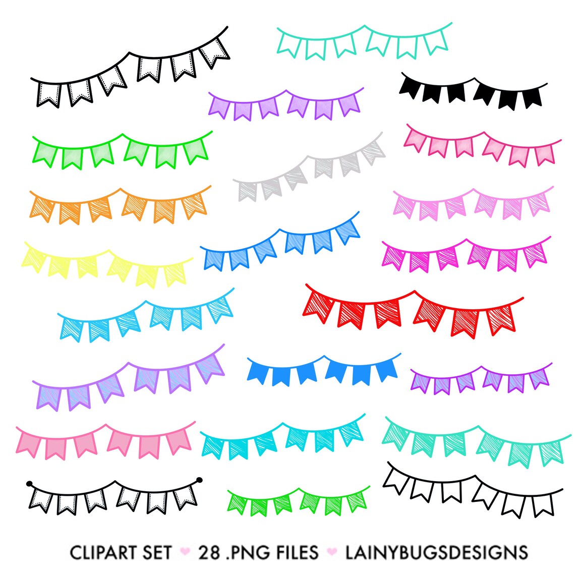 Hand Drawn Banner Clipart - Doodles - Pennant Banners - Colorful ...
