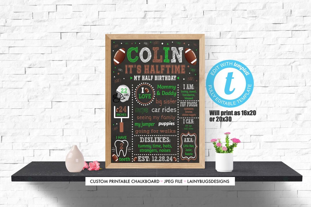 Football Half Birthday Chalkboard - Edit Yourself Birthday Sign ...
