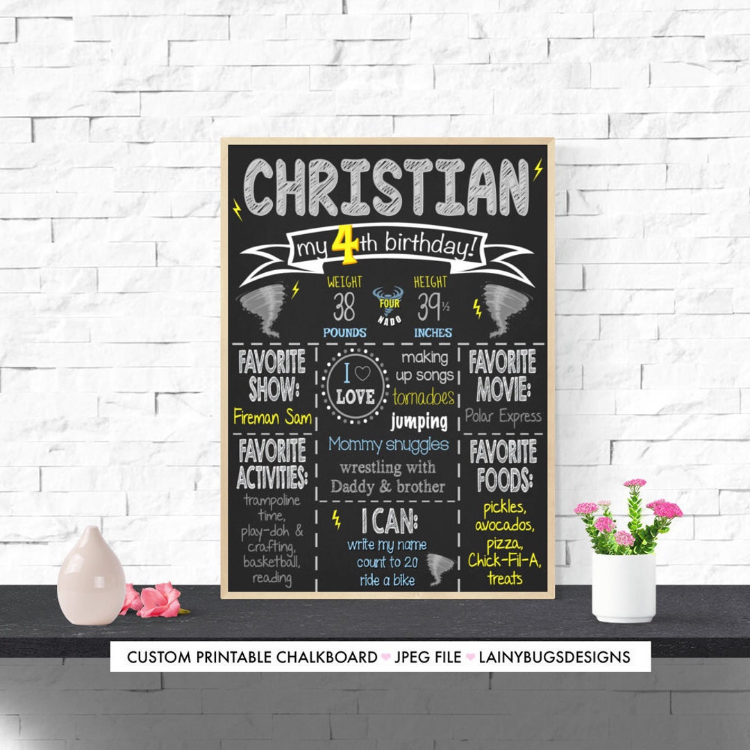 Fournado Chalkboard Sign - Print Yourself - Boys 4th Birthday Sign ...