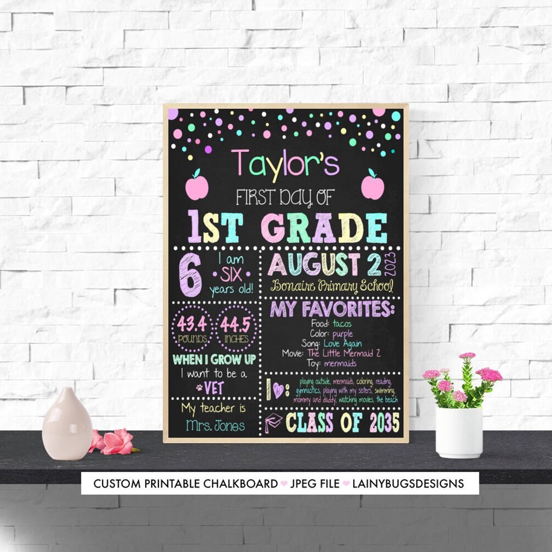 First Day of School Sign - First Day of 1st Grade - Any Grade - Girl's ...