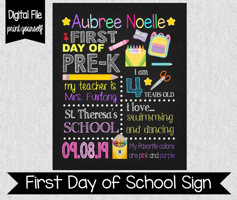 First Day of Pre-k Chalkboard Sign Print Yourself First - Etsy