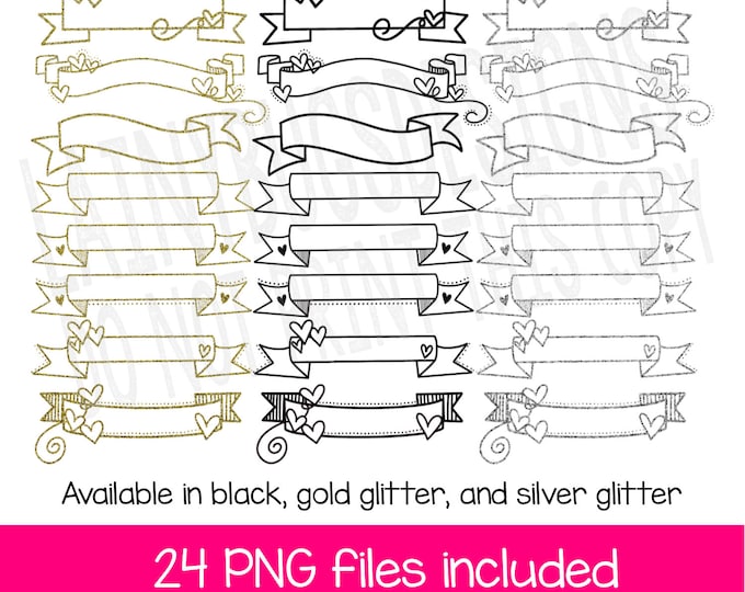 White Hand Drawn Ribbon Banners Clipart, Doodle Clip Art, Elements for ...