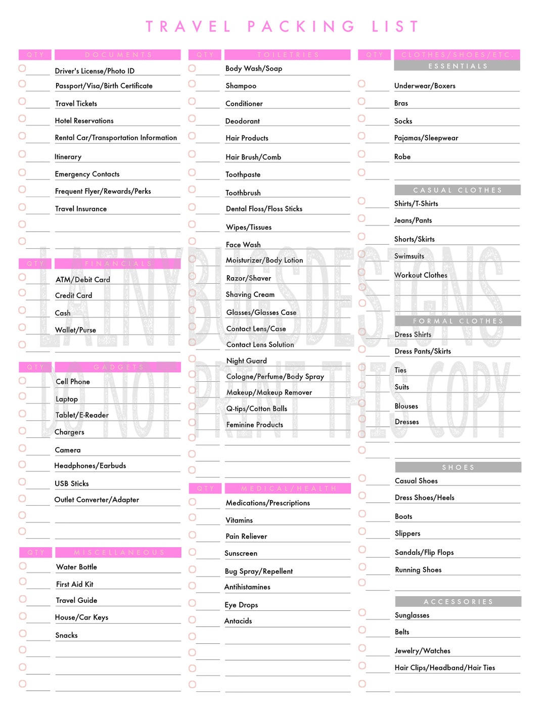Travel Packing List - Printable Travel Checklist - Compatible With ...