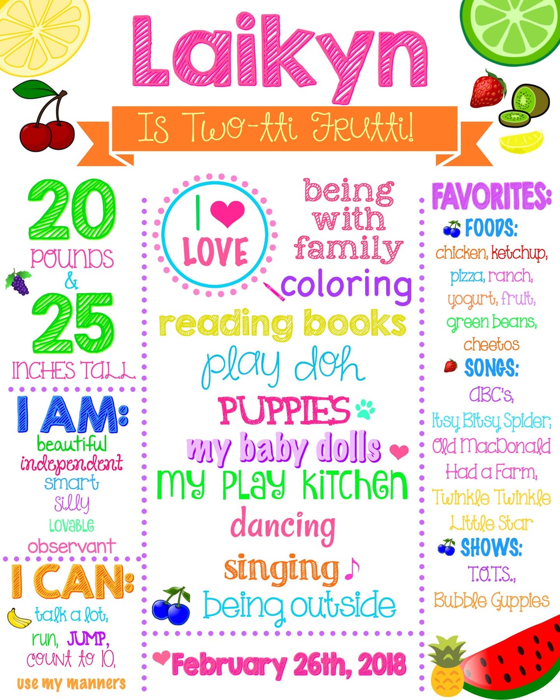 Two-tti Fruity Second Birthday Poster - Girls Second Birthday Poster ...
