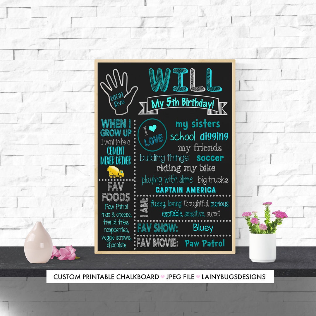 Boys 5th Birthday Chalkboard Sign - Printable 5th Birthday Sign - High ...