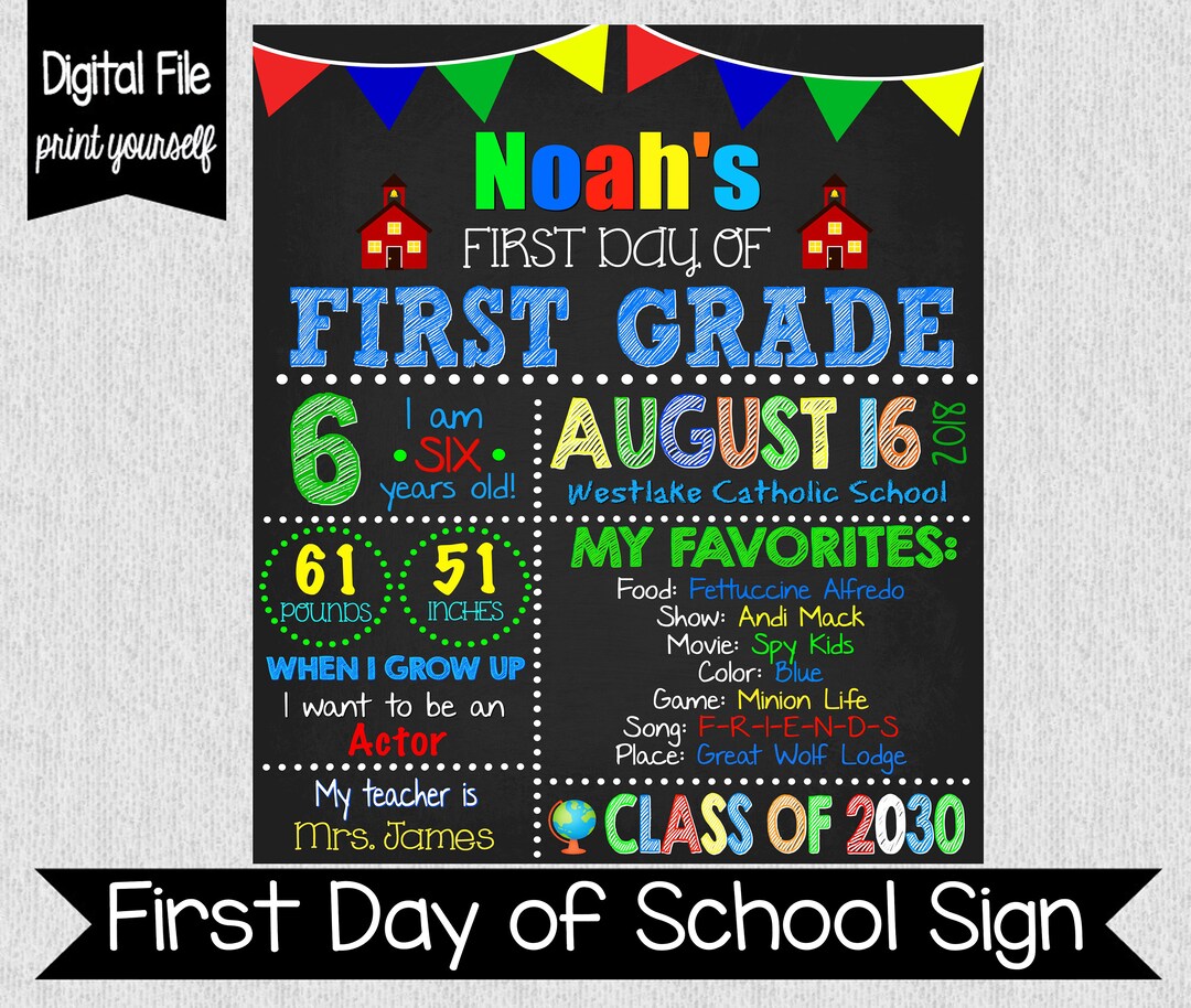 First Day of First Grade Chalkboard DIGITAL First Day of School ...