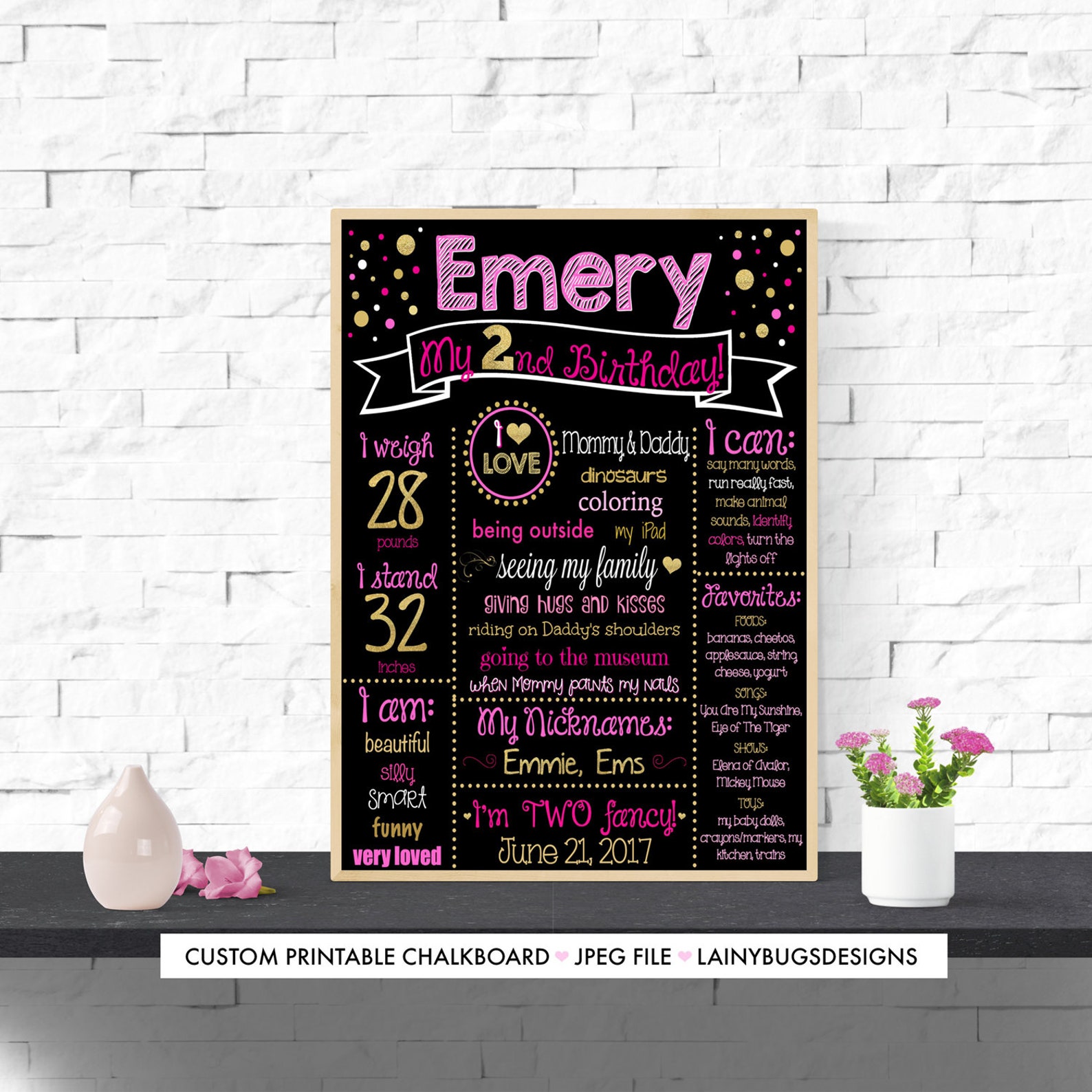 Pink and Gold Second Birthday Chalkboard Sign Digital Pink - Etsy