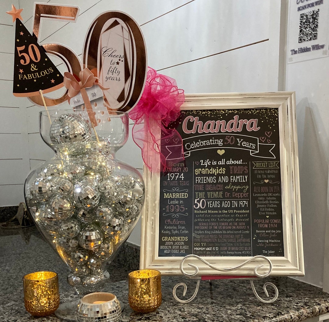 50th Birthday Chalkboard - 1974 Fun Facts - Rose Gold and Gold Birthday ...