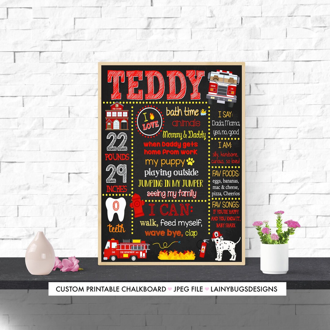 Firefighter First Birthday Chalkboard Printable - Fireman First ...
