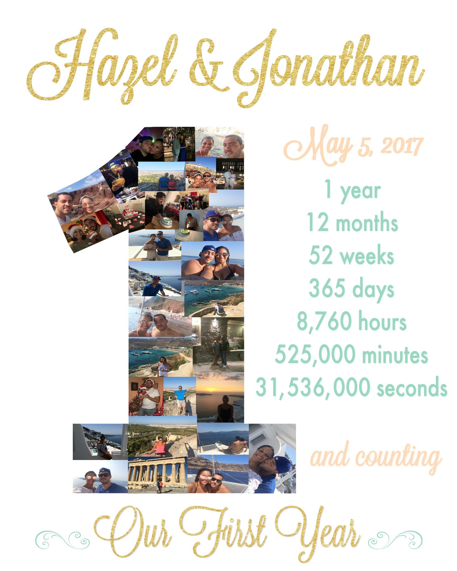 One Year Anniversary Collage Peach Mint Gold Digital - Etsy