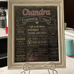 50th Birthday Chalkboard - 1974 Fun Facts - Rose Gold and Gold Birthday ...