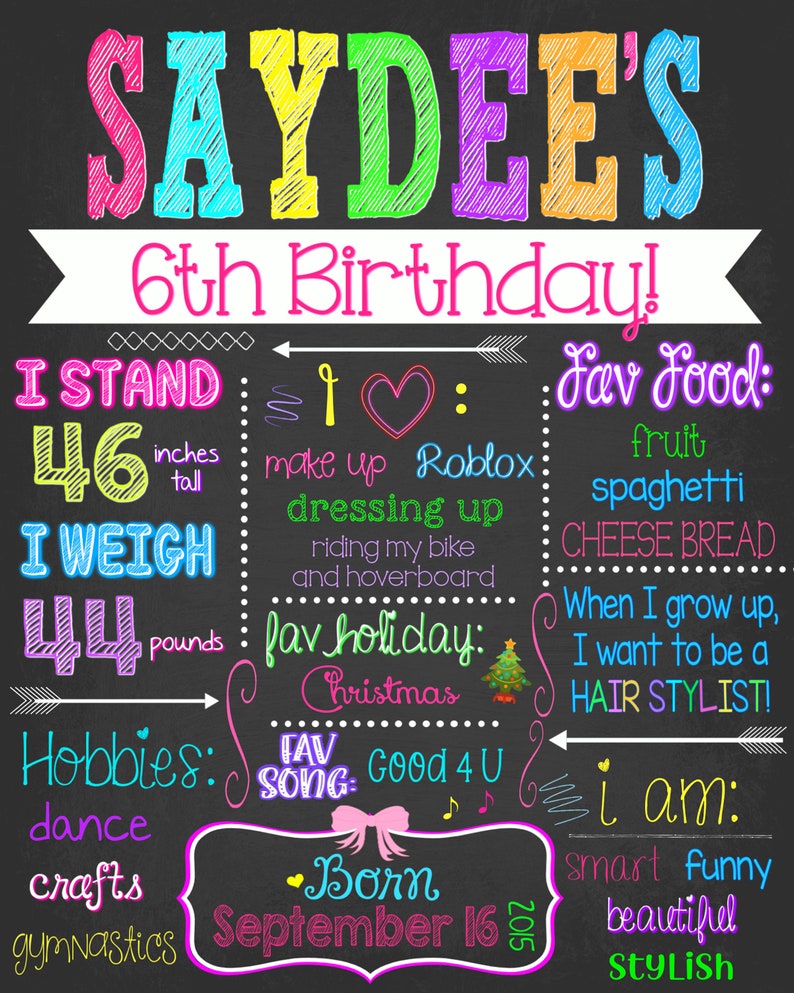 Neon 6th Birthday Chalkboard Sign Printable Birthday | Etsy