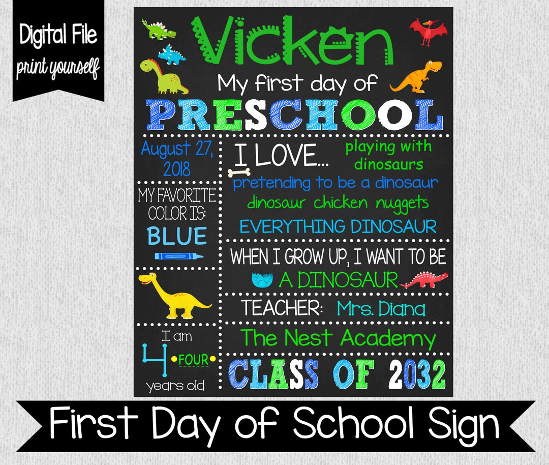 Dinosaur First Day of Preschool Sign First Day of Preschool Chalkboard ...