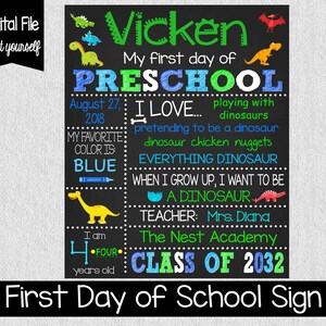 Dinosaur First Day of Preschool Sign First Day of Preschool Chalkboard ...