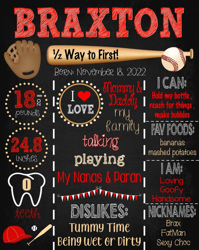 Half Way to One Chalkboard Sign - Print Yourself - Baseball Half ...