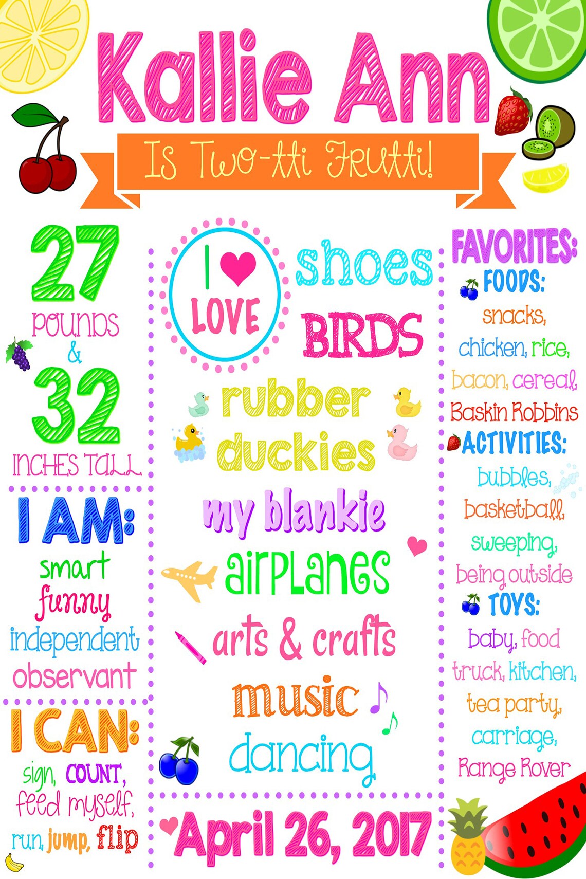 Two-tti Fruity Second Birthday Poster - Girls Second Birthday Poster ...