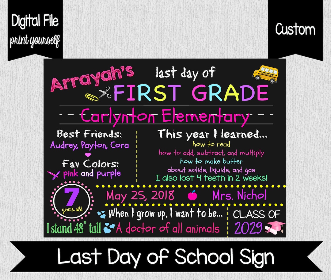 Girl's Last Day of School Chalkboard - DIGITAL - End of Year Sign ...