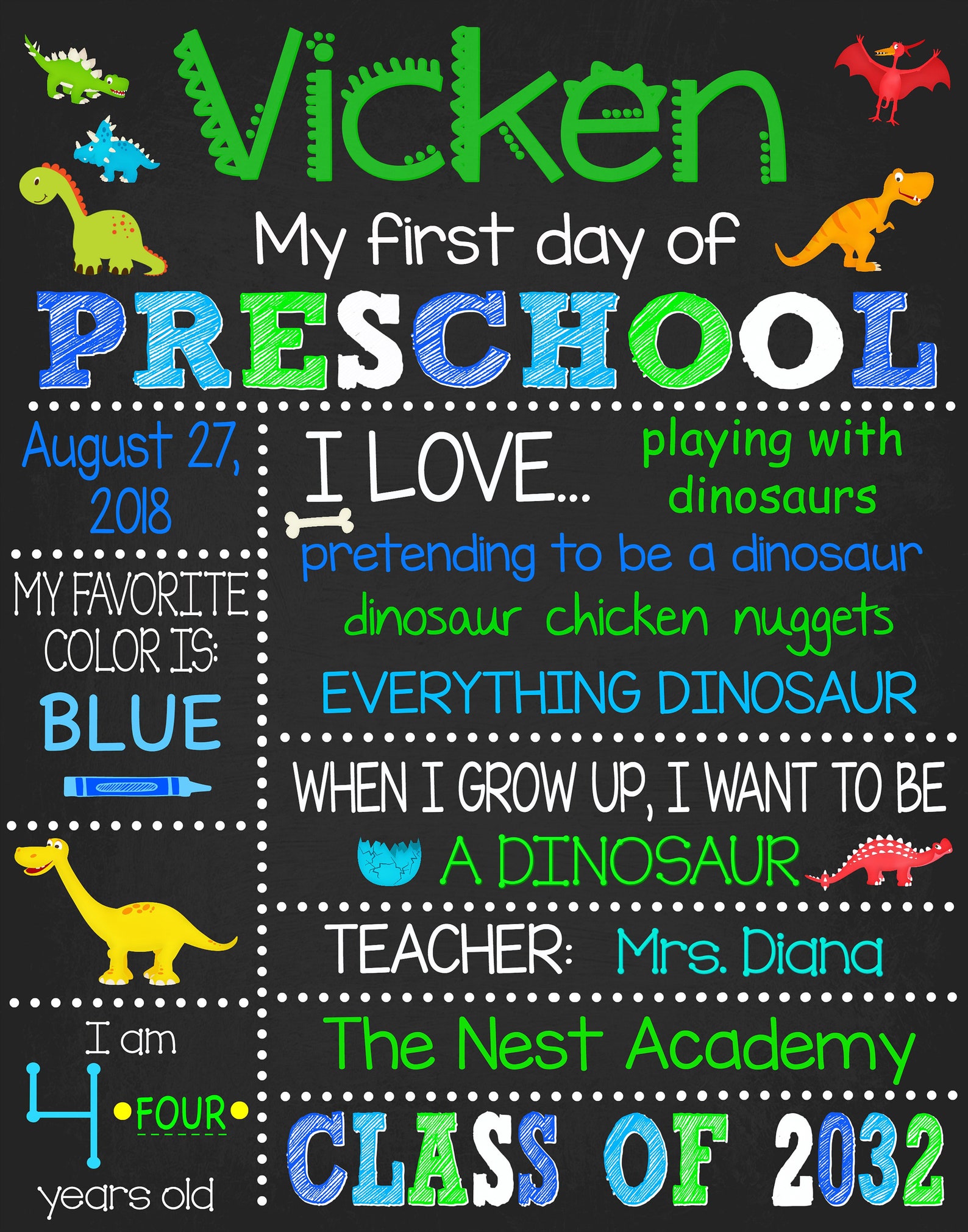 Dinosaur First Day of Preschool Sign First Day of Preschool | Etsy