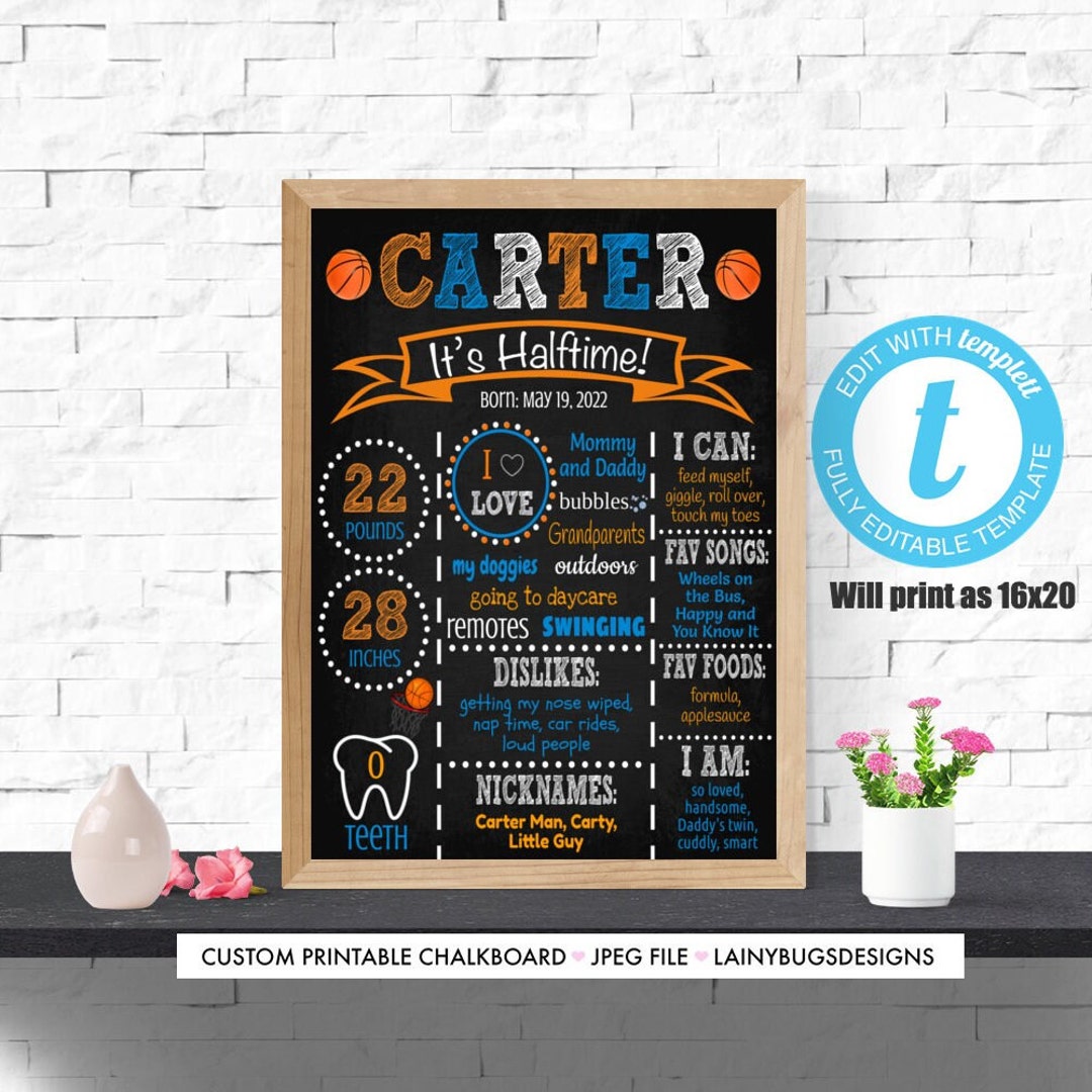 Basketball Half Birthday Chalkboard - Edit Yourself Birthday Sign ...