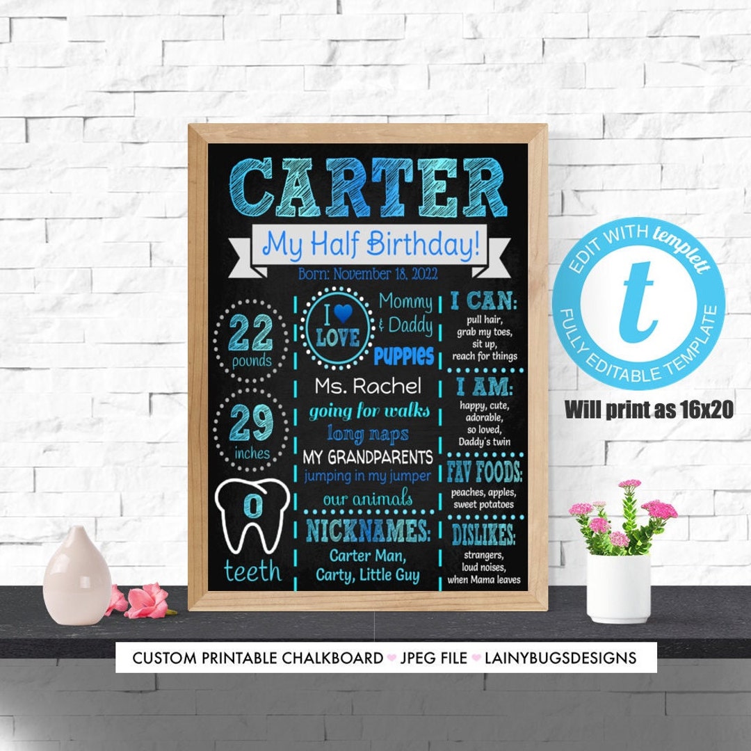 Blue Half Birthday Chalkboard - Edit Yourself on Templett - Blue Half ...