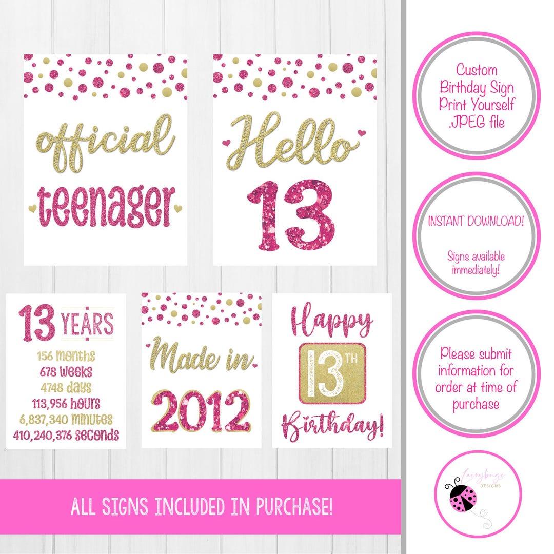 Printable 13th Birthday Signs - Fun 13th Birthday Party Decor - Boy or ...