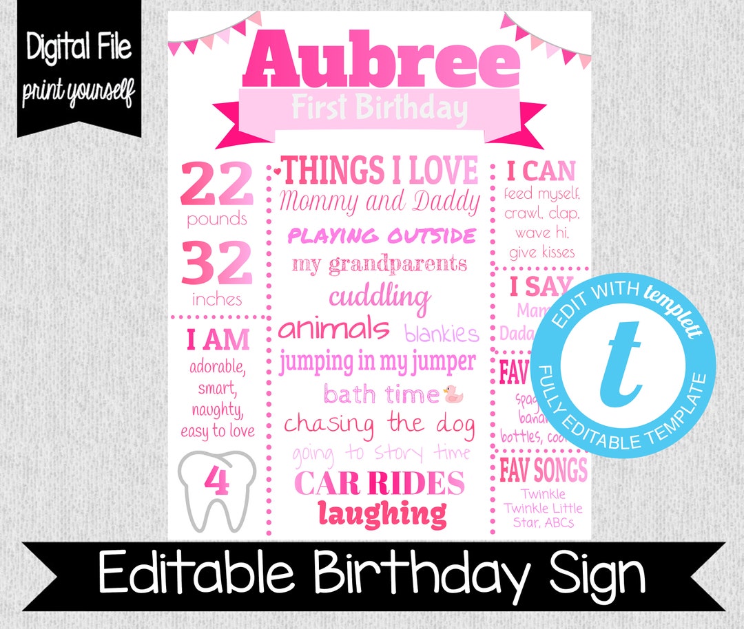 Pink Ombre First Birthday Sign - Printable First Birthday Signs ...
