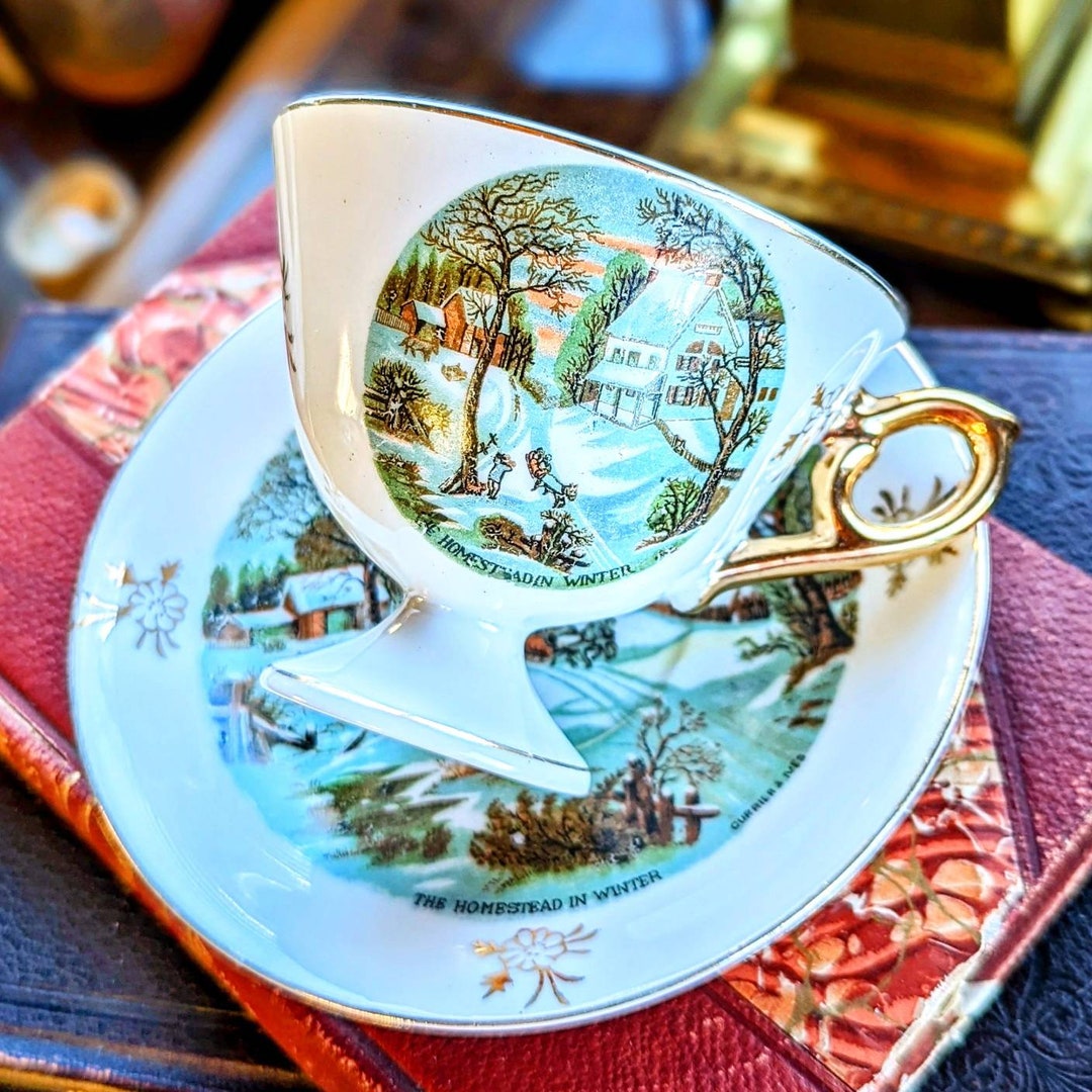 Vintage Enesco Currier & Ives the Homestead in Winter Teacup and Saucer ...