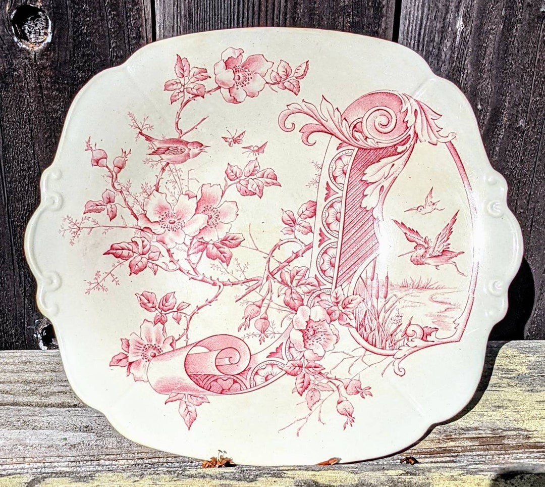 Rare Antique Pink "melrose" Bird, Florals Pattern Rounded Square ...