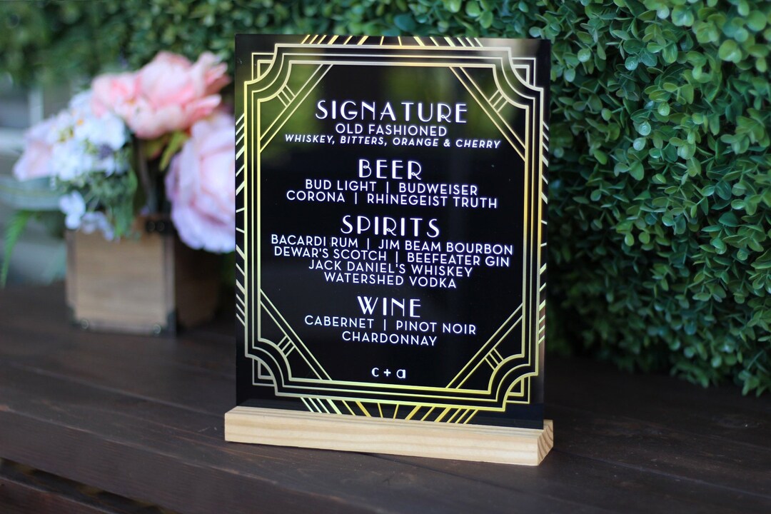 Custom Acrylic Bar Menu | Wedding | Signature Drinks | Black & Gold ...
