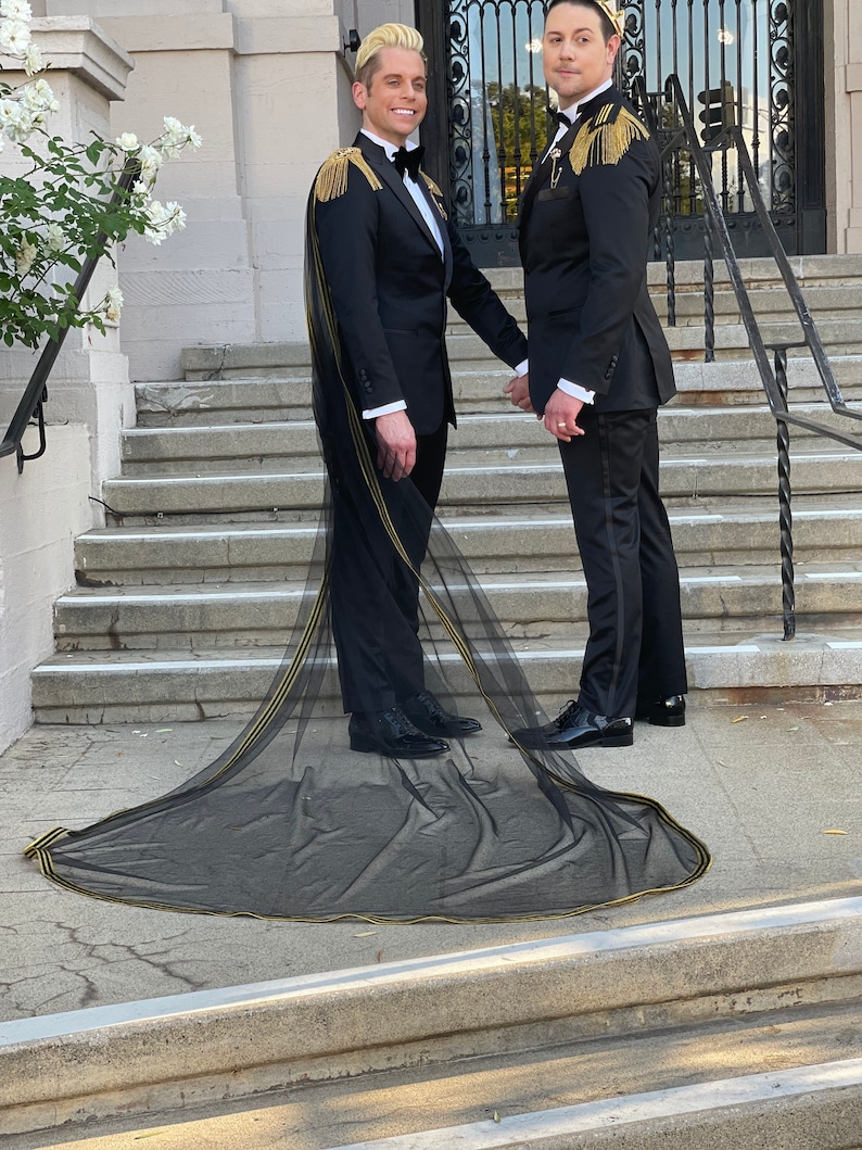 Black Tulle Wedding Cape: Gold Trim Drape Back Bridal Cloak - Etsy