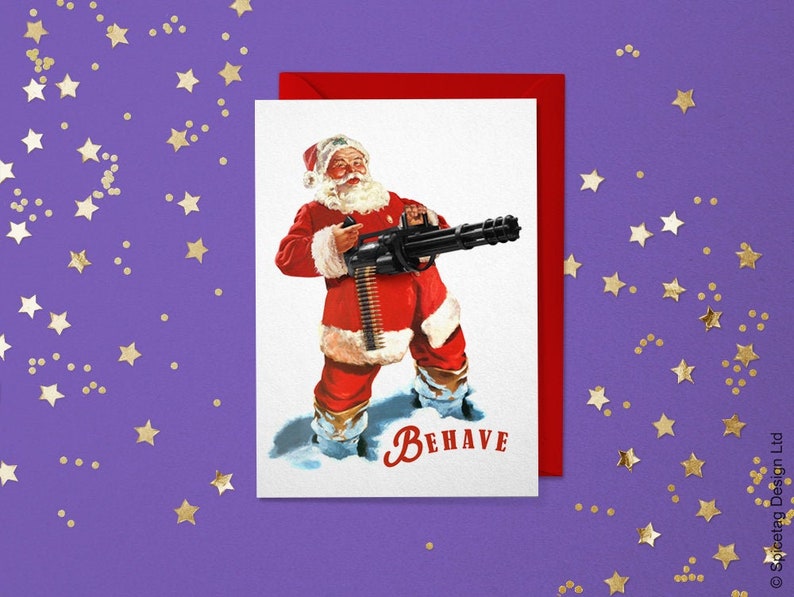 Christmas Card Santa Claus Mini Gun Greetings Cards Retro Father Xmas ...