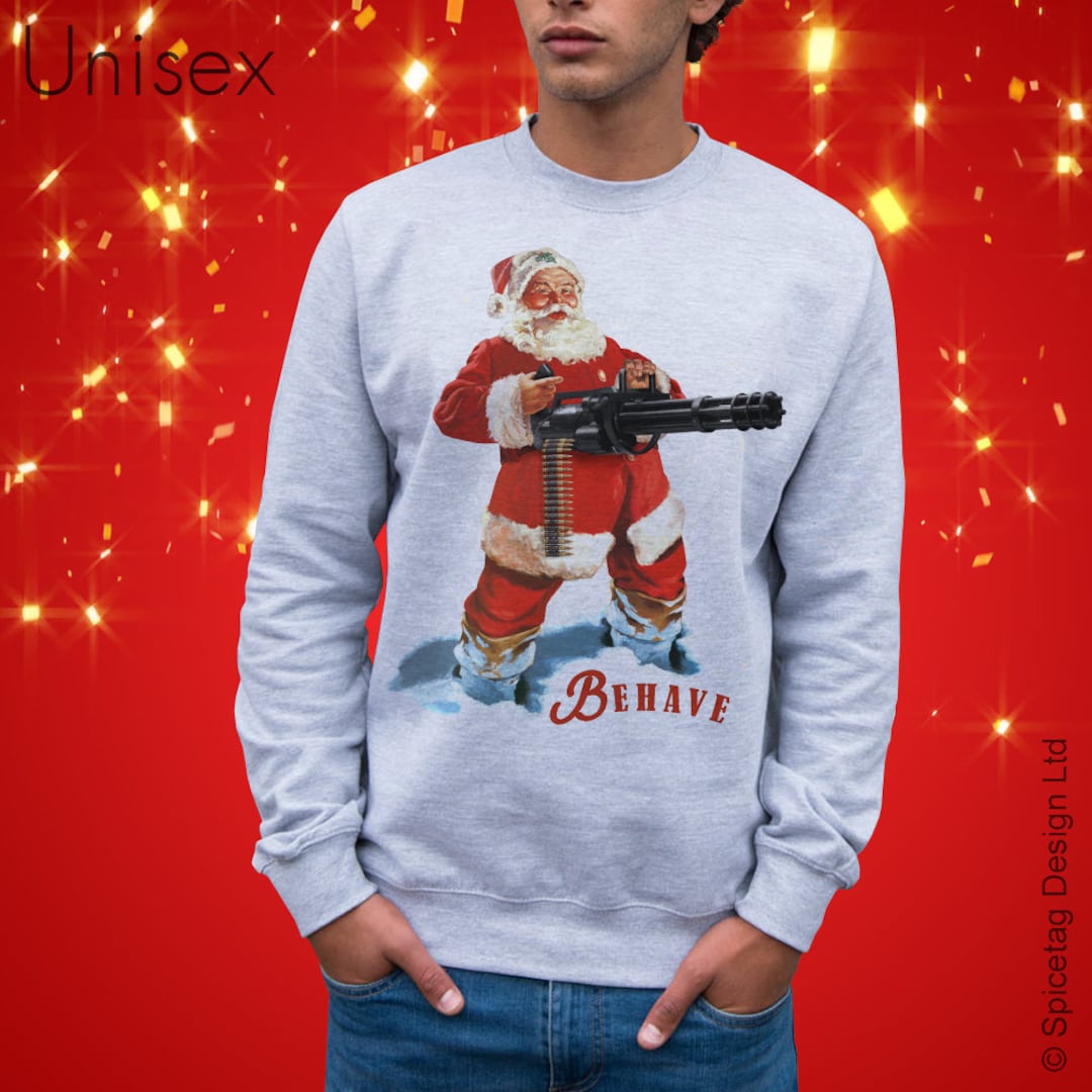 Behave Christmas Sweater Xmas Santa Claus Mini Gun Jumper Festive St ...