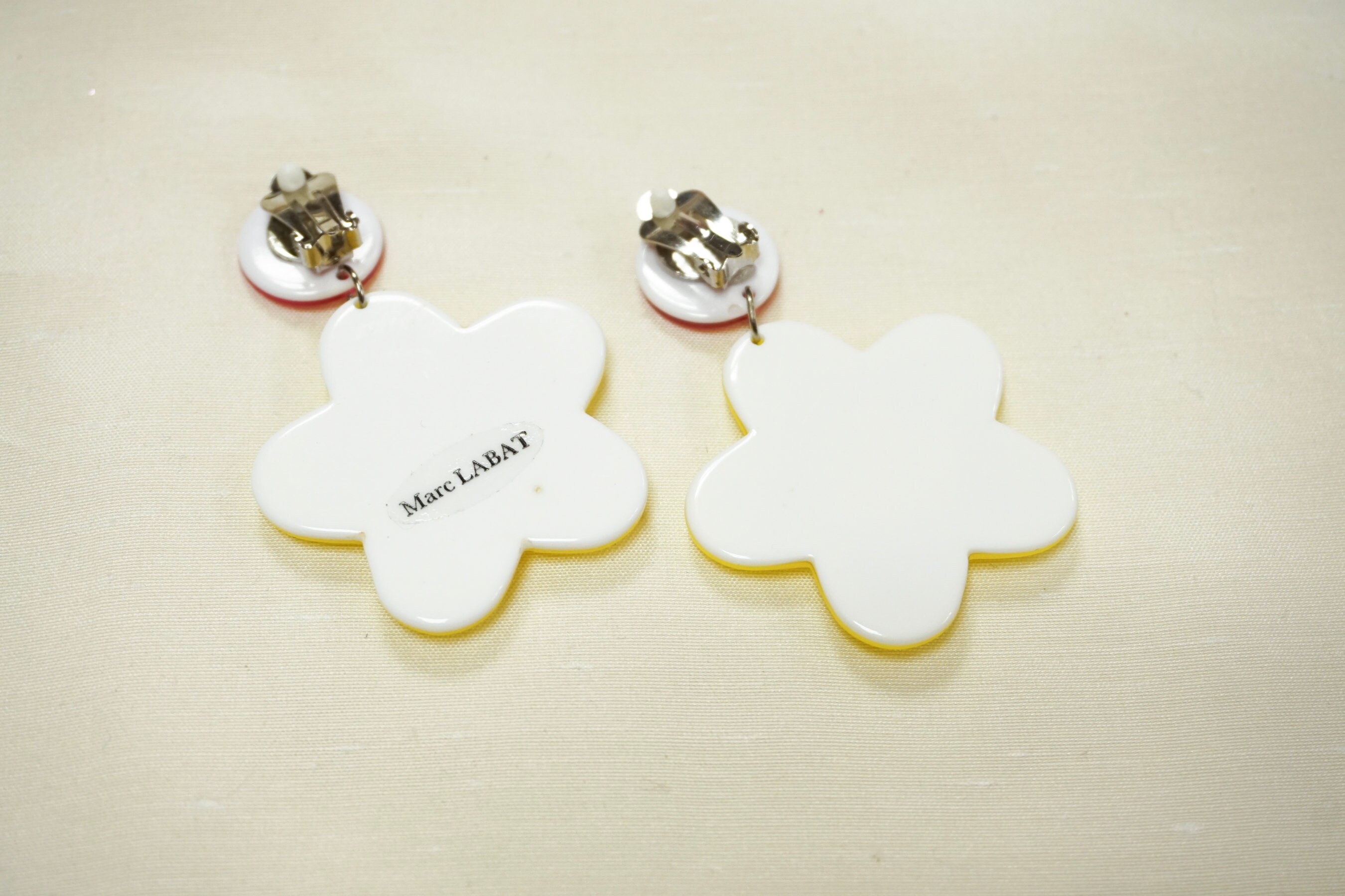 Marc Labat, Pink and Yellow Flower Vintage Earrings, Maxi Plexi Clip on ...