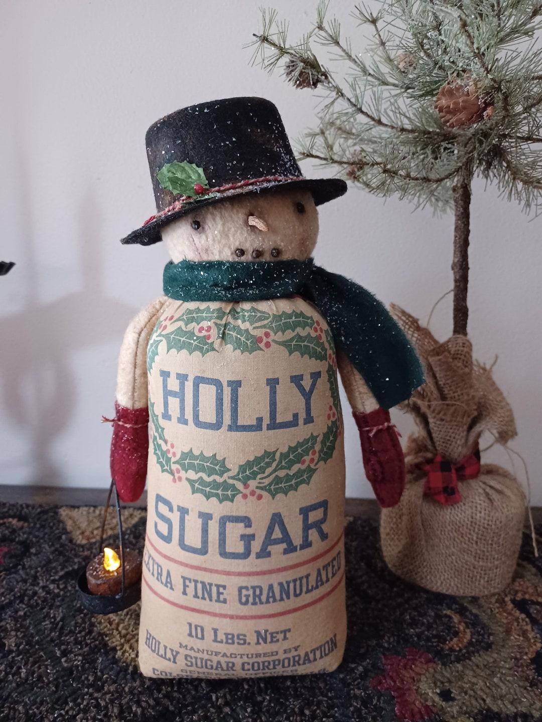 Primitive Vintage Holly Sugar Sack Snowman Christmas Holiday Decor - Etsy