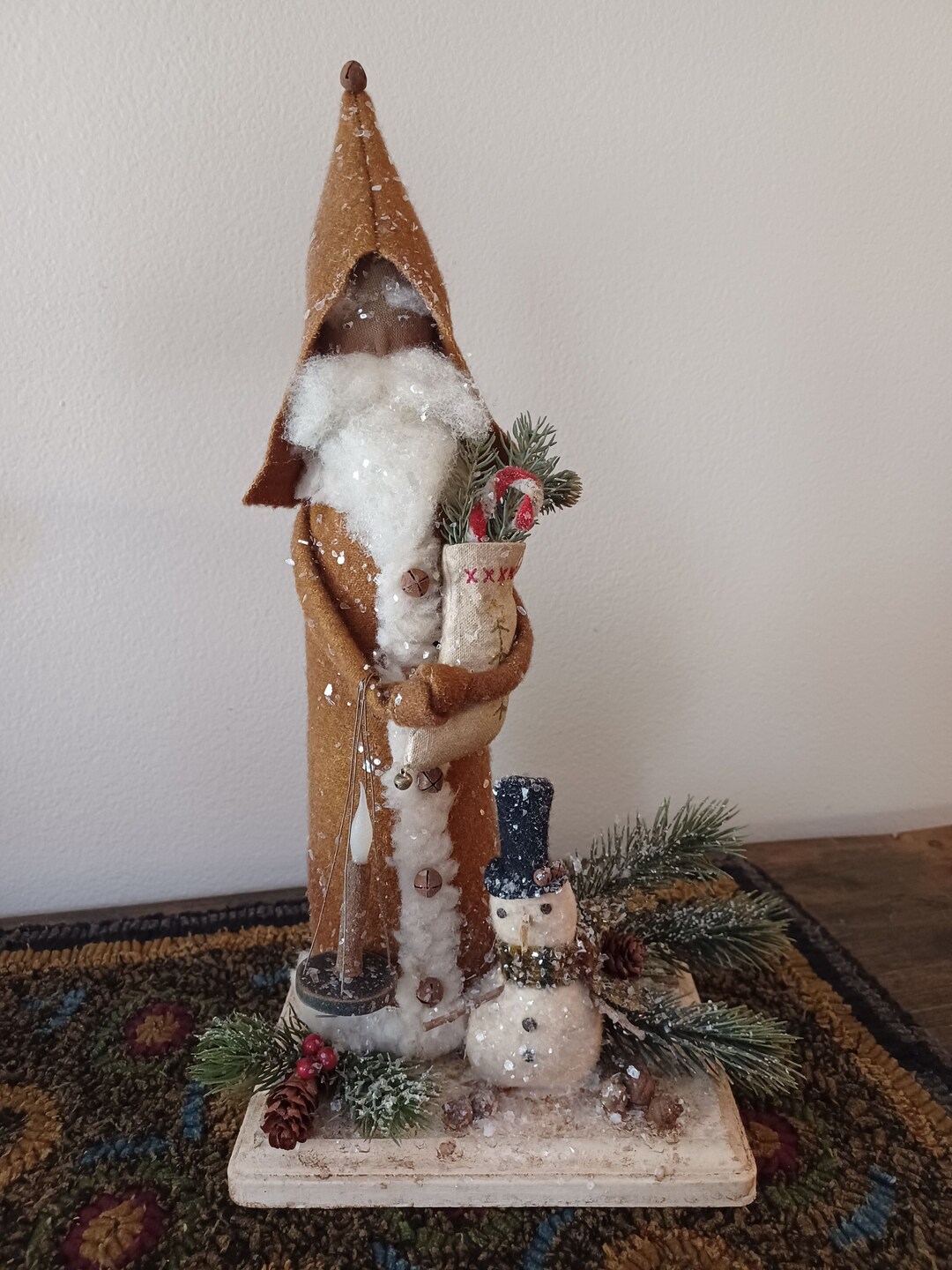 Primitive Folk Art Belsnickel Santa Scene on Wooden Board Hand Dyed ...