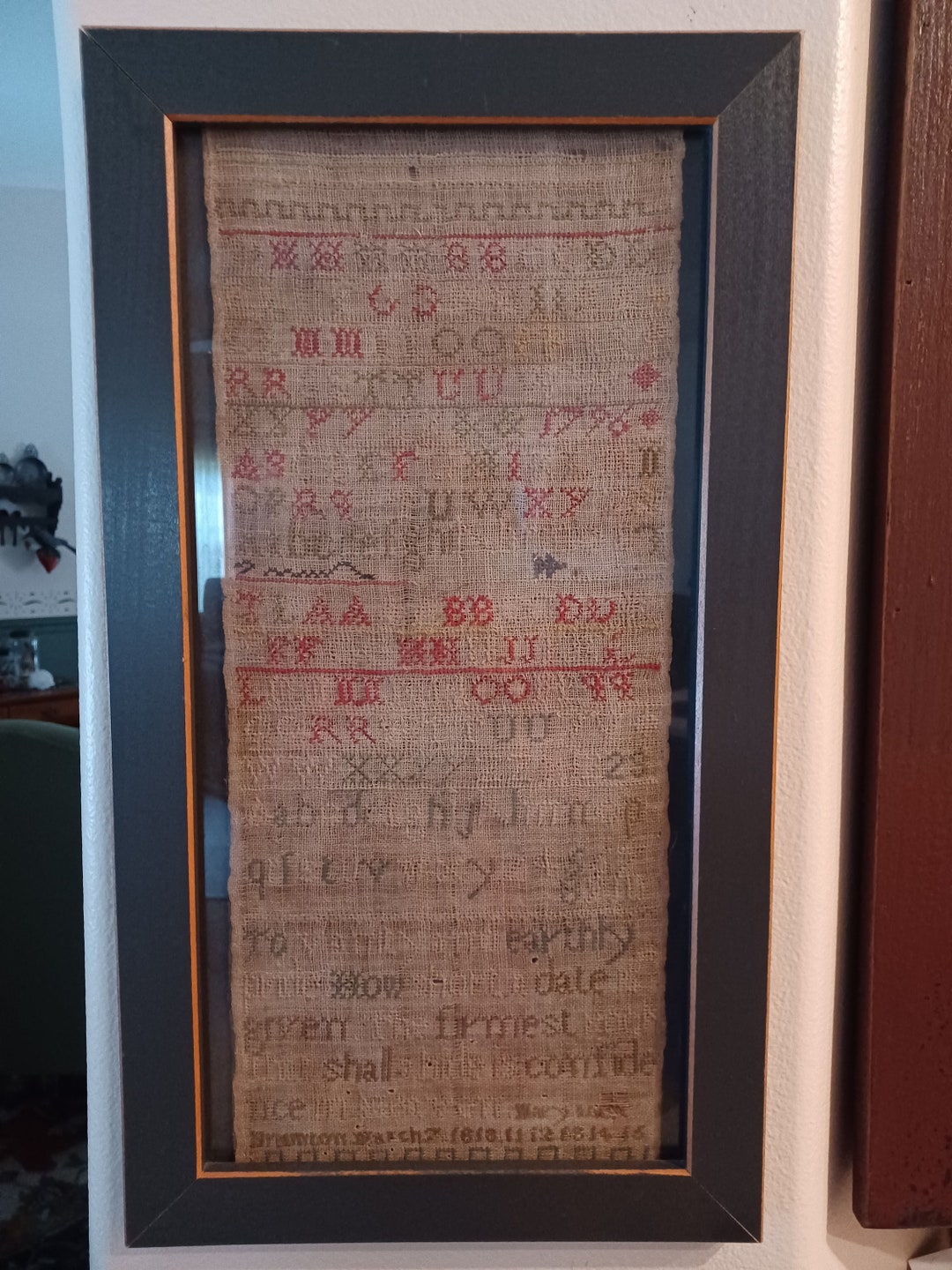 Early Antique Framed Primitive Alphabet Band Sampler Signed and Dated ...