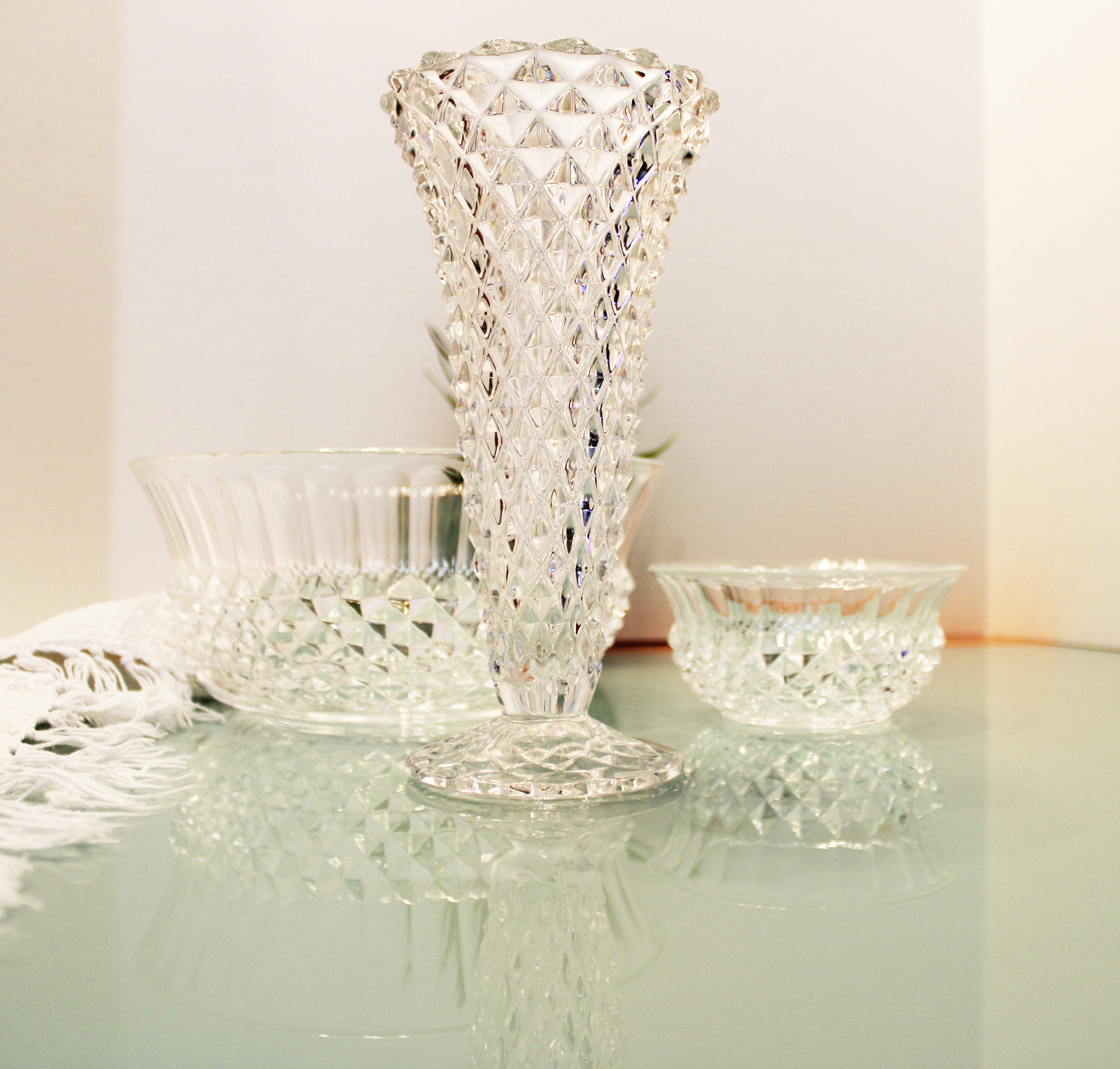 Vintage Diamond Cut Crystal Glass Vase, Large Bowl and Small Bowl three ...