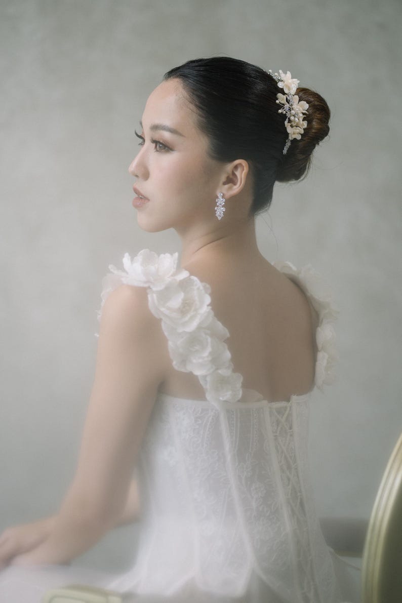 AMITIÉ Bridal Floral Hairpiece in Blush, Cubic Zirconia Crystal Pearls ...
