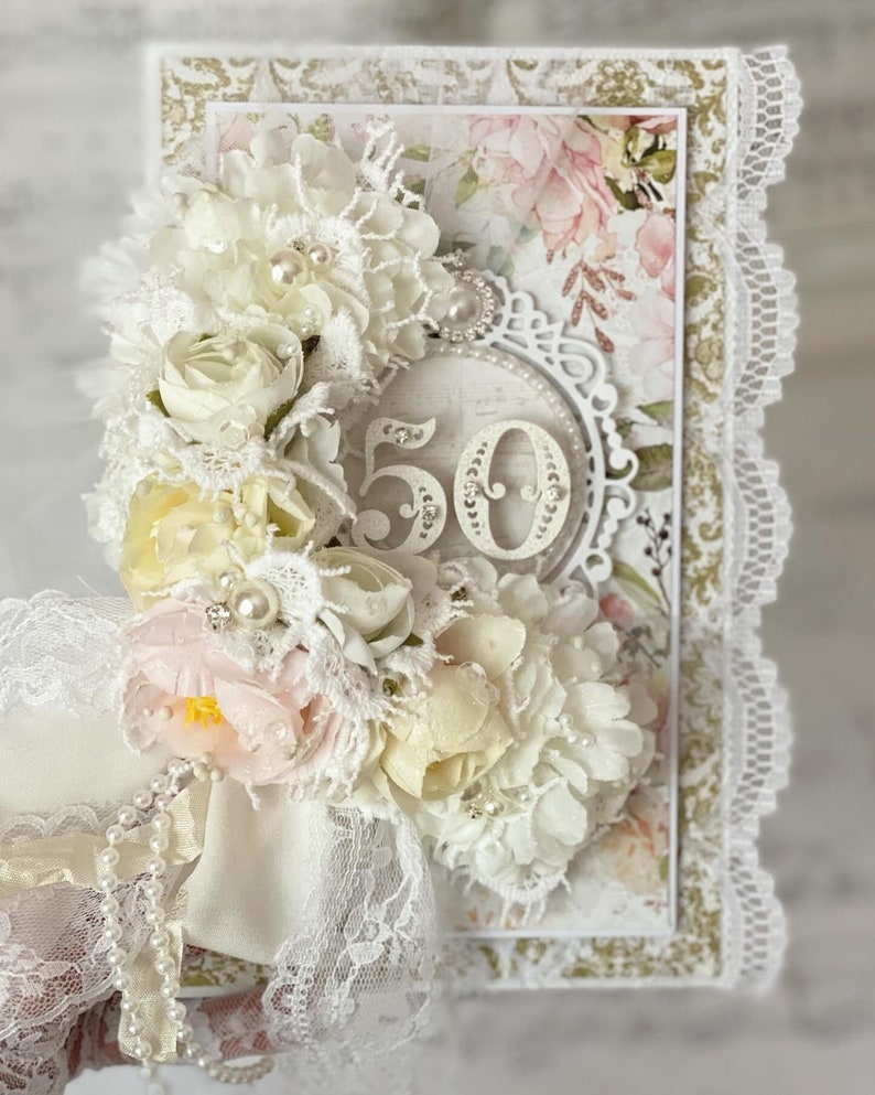 50th Birthday 3D Greeting Cards Retro Style, Flowers, Romantic Gentle ...