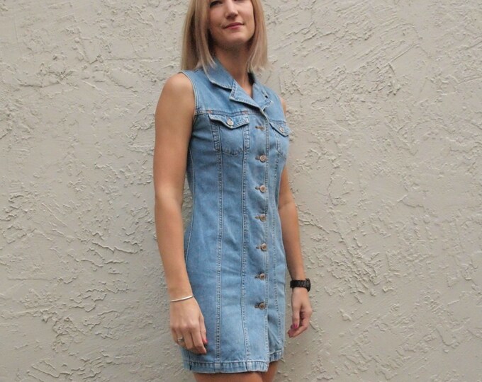 90's Denim Mini Dress Chambray Blue Button Front Clueless - Etsy
