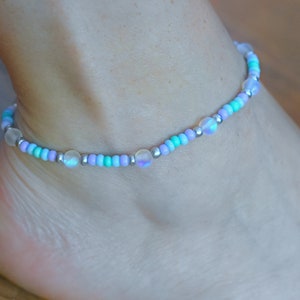 Beaded Iridescent Stretch Anklet, Stackable Ankle Bracelet, Mermaid ...