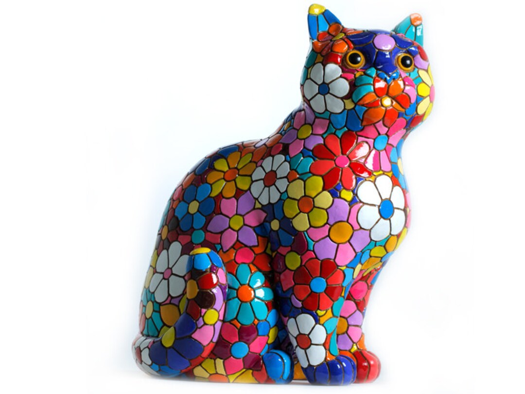 Cat Statue, flowers, Model Barcino Mosaic. Height 18 Centimeters ...