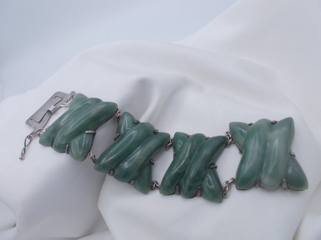 Sterling Silver Vintage Huge Jade Panel Bracelet, Chunky Jade Pieces ...
