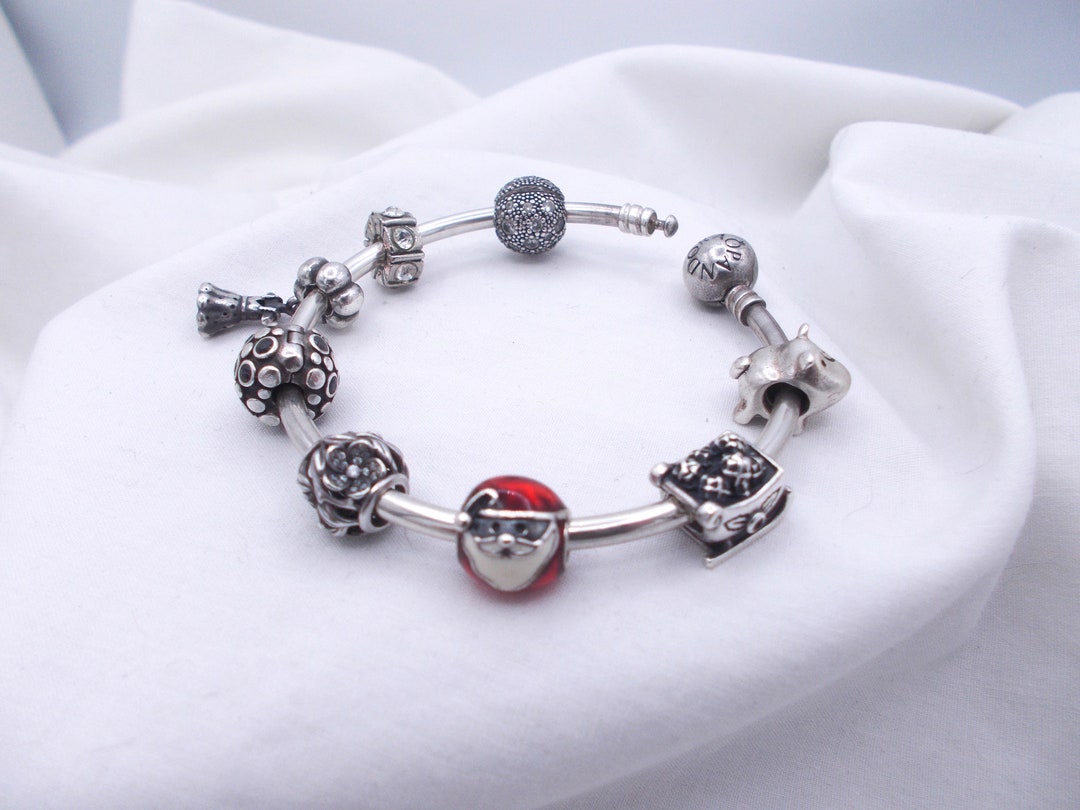 PANDORA Vintage Sterling Silver Open Charm Bracelet, 8 Charms, 2 Santa ...