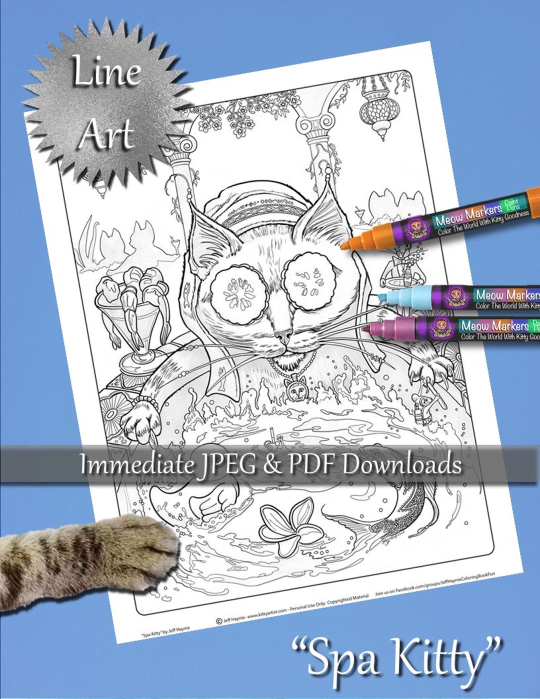 Spa Kitty - LINE ART Digital Coloring Page - Etsy