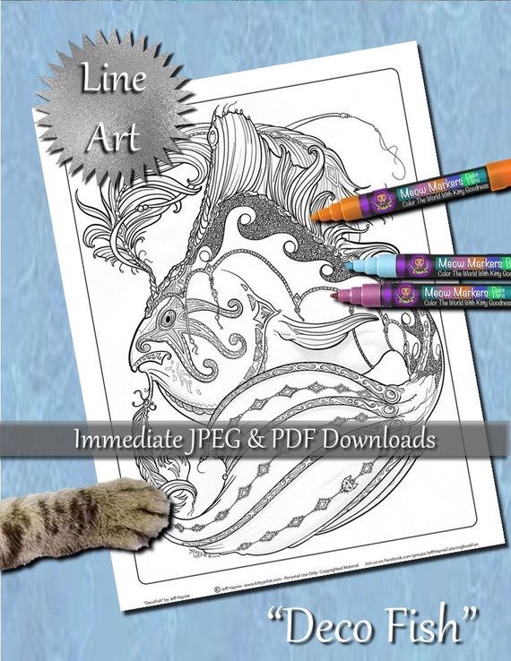 Deco Fish LINE ART Digital Coloring Page | Etsy