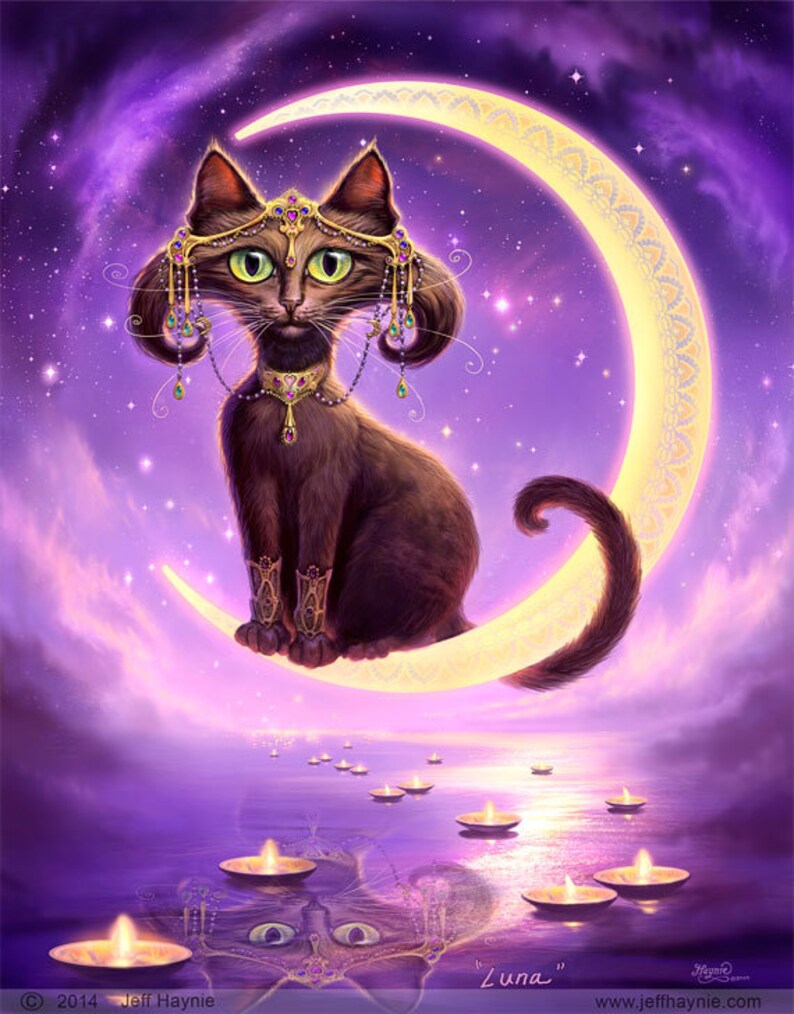Black Cat on Moon // 8 X 10 Print // Black Cat Moon // Autumn Black Cat ...