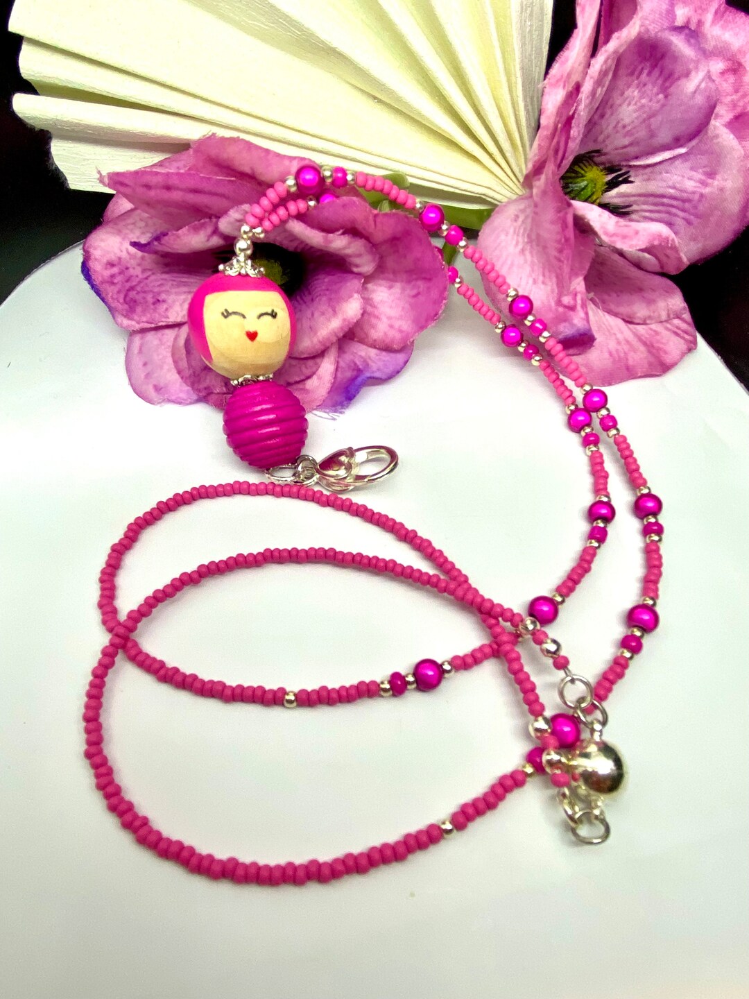Barbie Pink Beaded Lanyard Necklace: Wooden Doll ID Badge Holder - Etsy